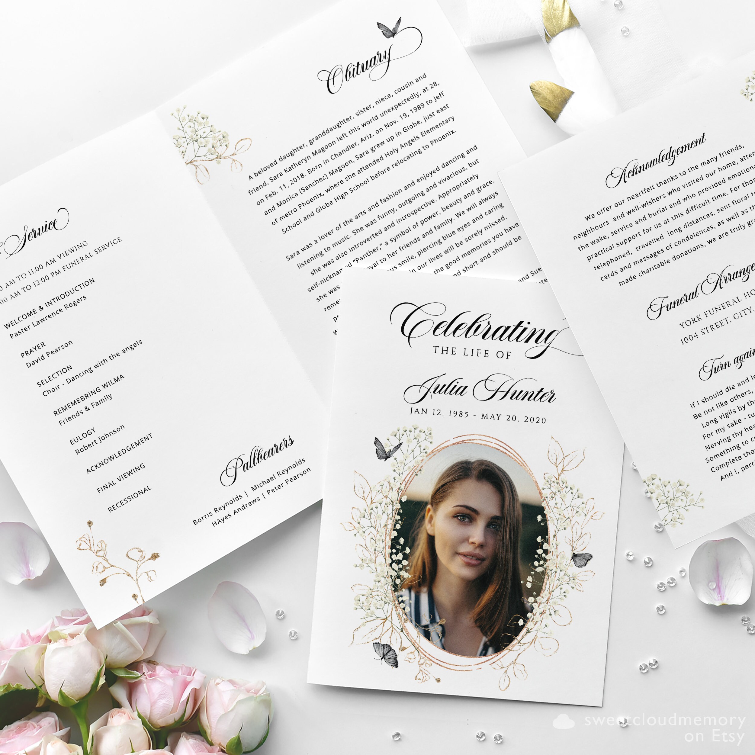 Gold White Floral Funeral Program Template Black Butterfly - Etsy