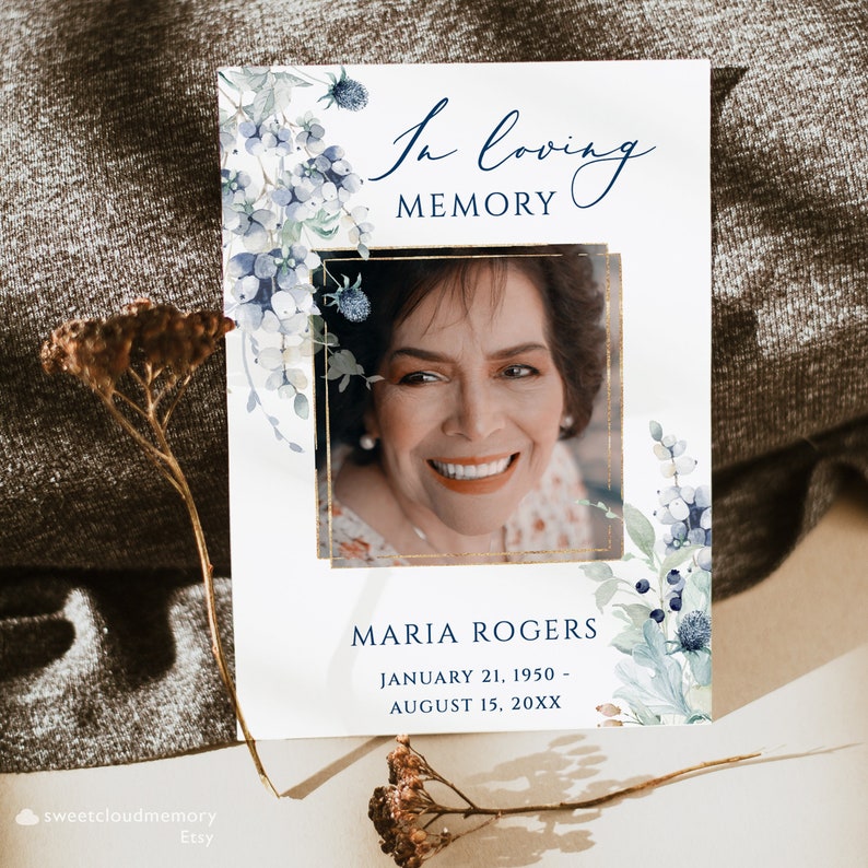Dusty Blue Funeral Photo Prayer Card Editable Blue Flower - Etsy