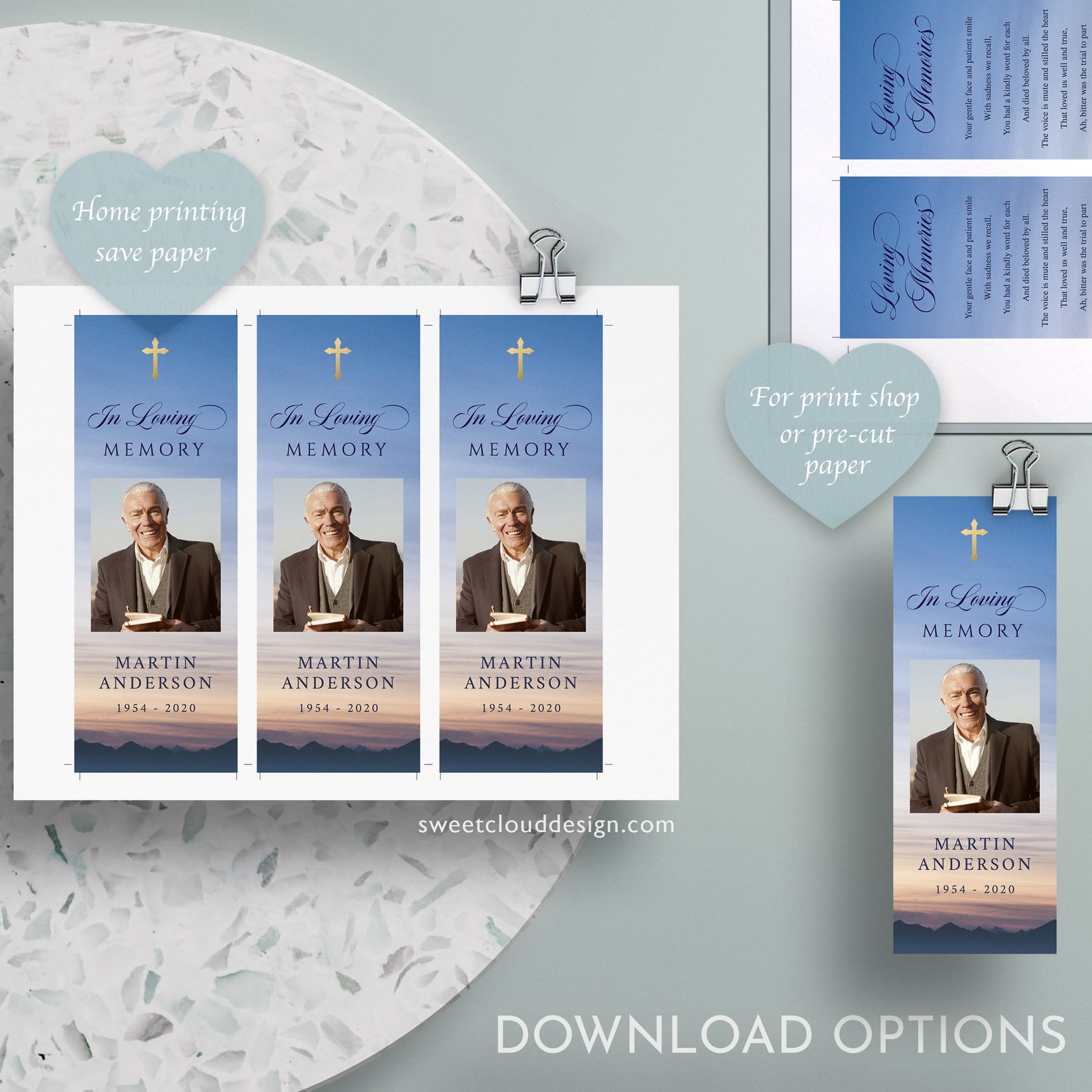 Blue Sky Gold Cross in Loving Memory Funeral Bookmark Template - Etsy