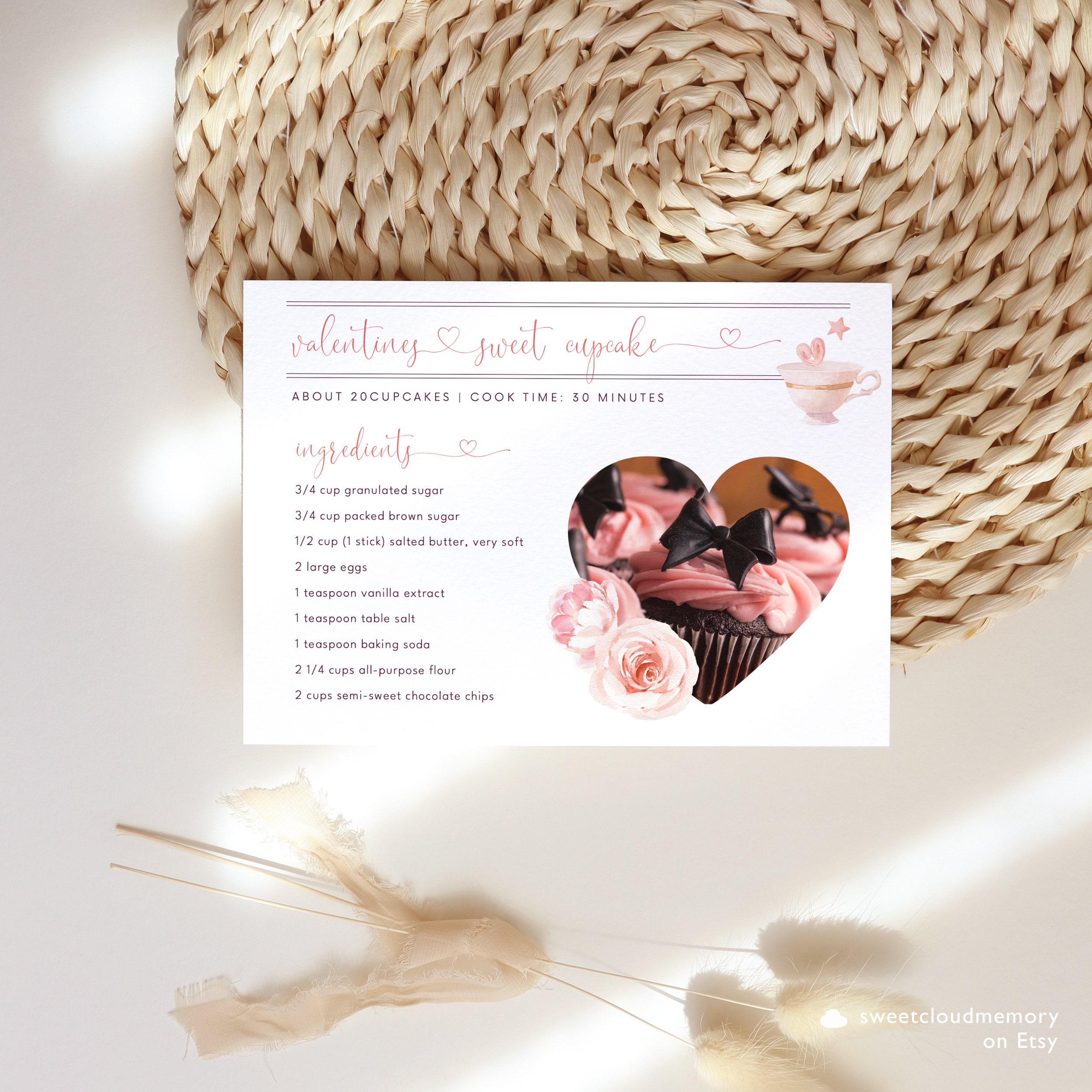 Pink VALENTINE'S DAY Recipe Card Template Pink Floral - Etsy