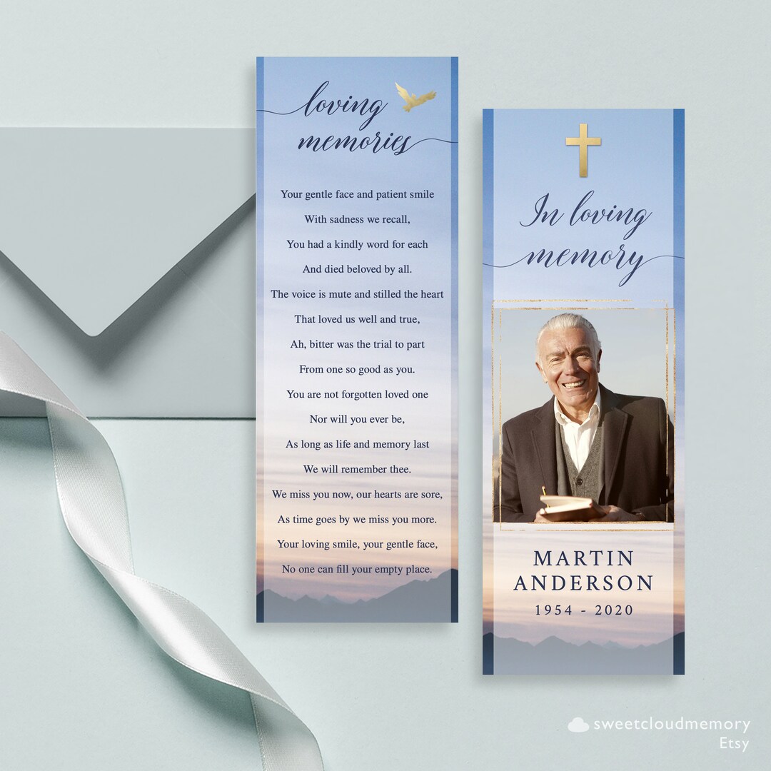 Blue Sky Gold Cross in Loving Memory Funeral Bookmark Template Sunrise ...