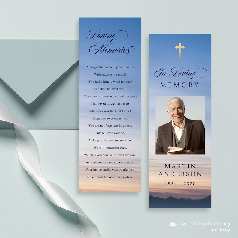 Blue Sky Gold Cross in Loving Memory Funeral Bookmark Template Sunrise ...
