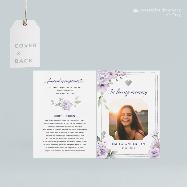 Silver Violet Funeral Program Template Purple Floral Funeral - Etsy