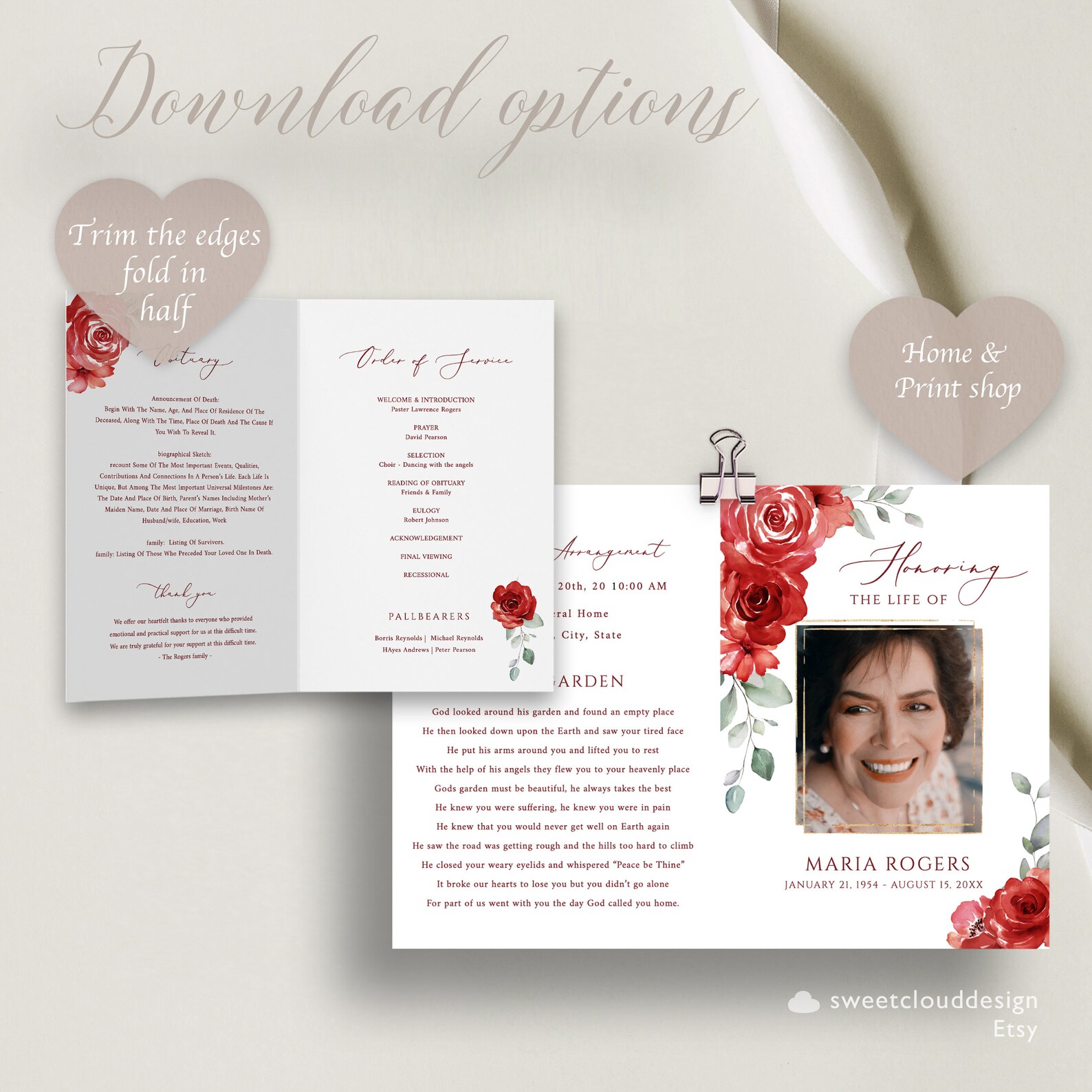 Red Floral Funeral Program Template Gold Cross Deep Red Rose Memorial ...