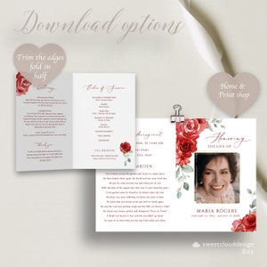 Red Floral Funeral Program Template Gold Cross Deep Red Rose Memorial ...