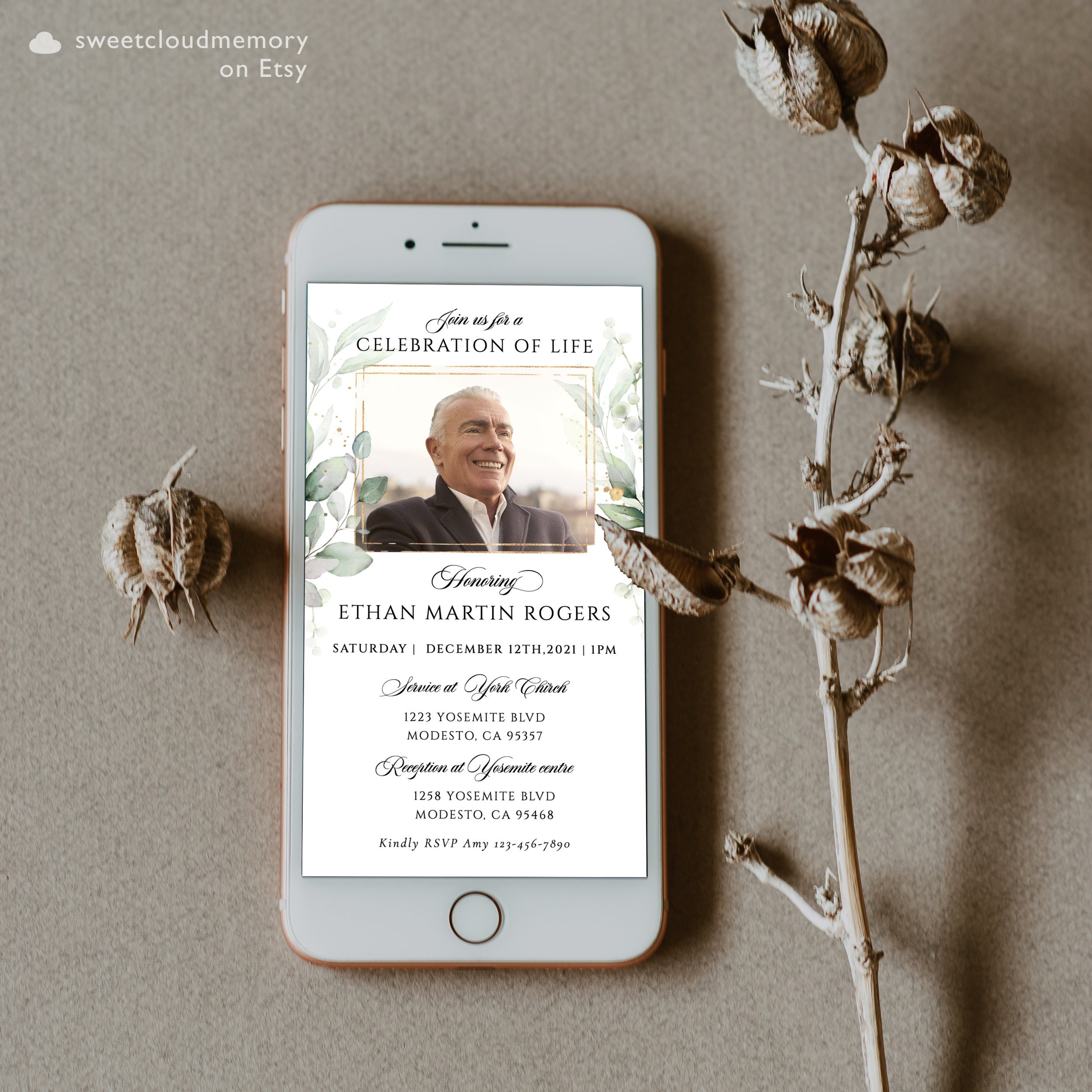 Digital Photo Funeral Invitation Gold frame E-invite Greenery | Etsy