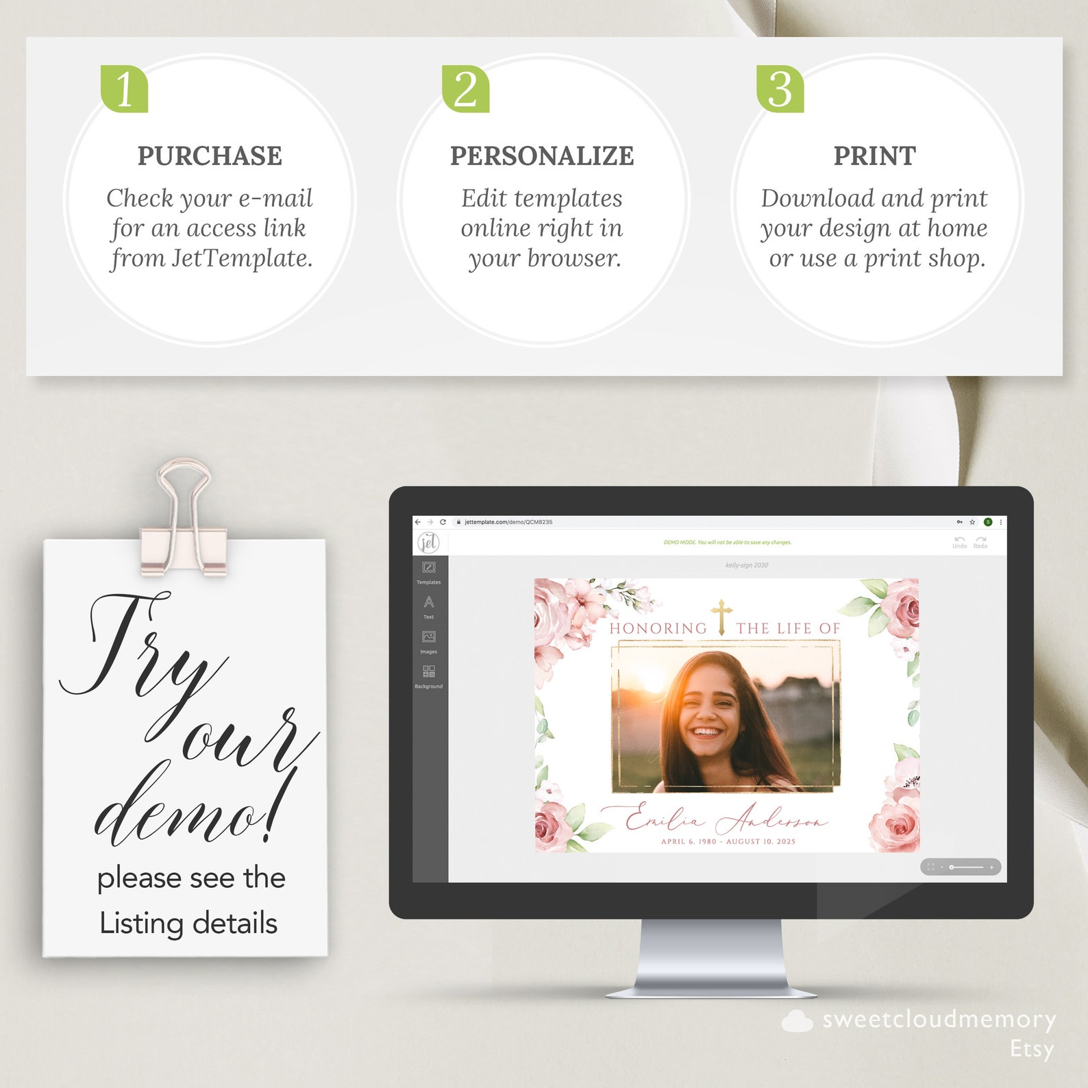 Blush Floral Funeral Photo Virtual Background, ZOOM Template for ...