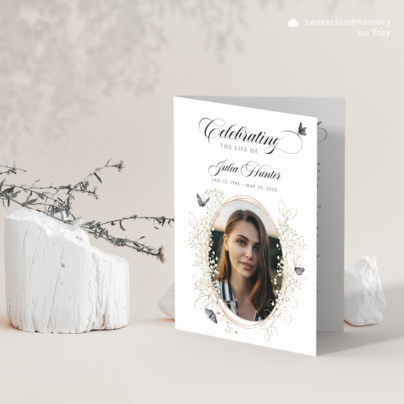 Programs Stationery Gold white floral Funeral Program Template black ...