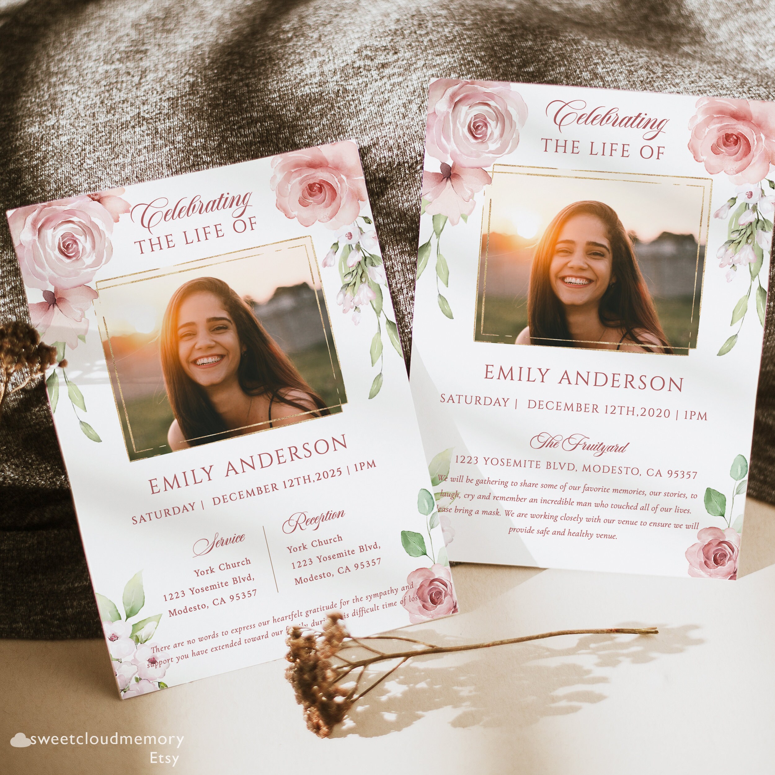 Pink Rose Funeral Invitation Template,greenery and Pink Photo ...