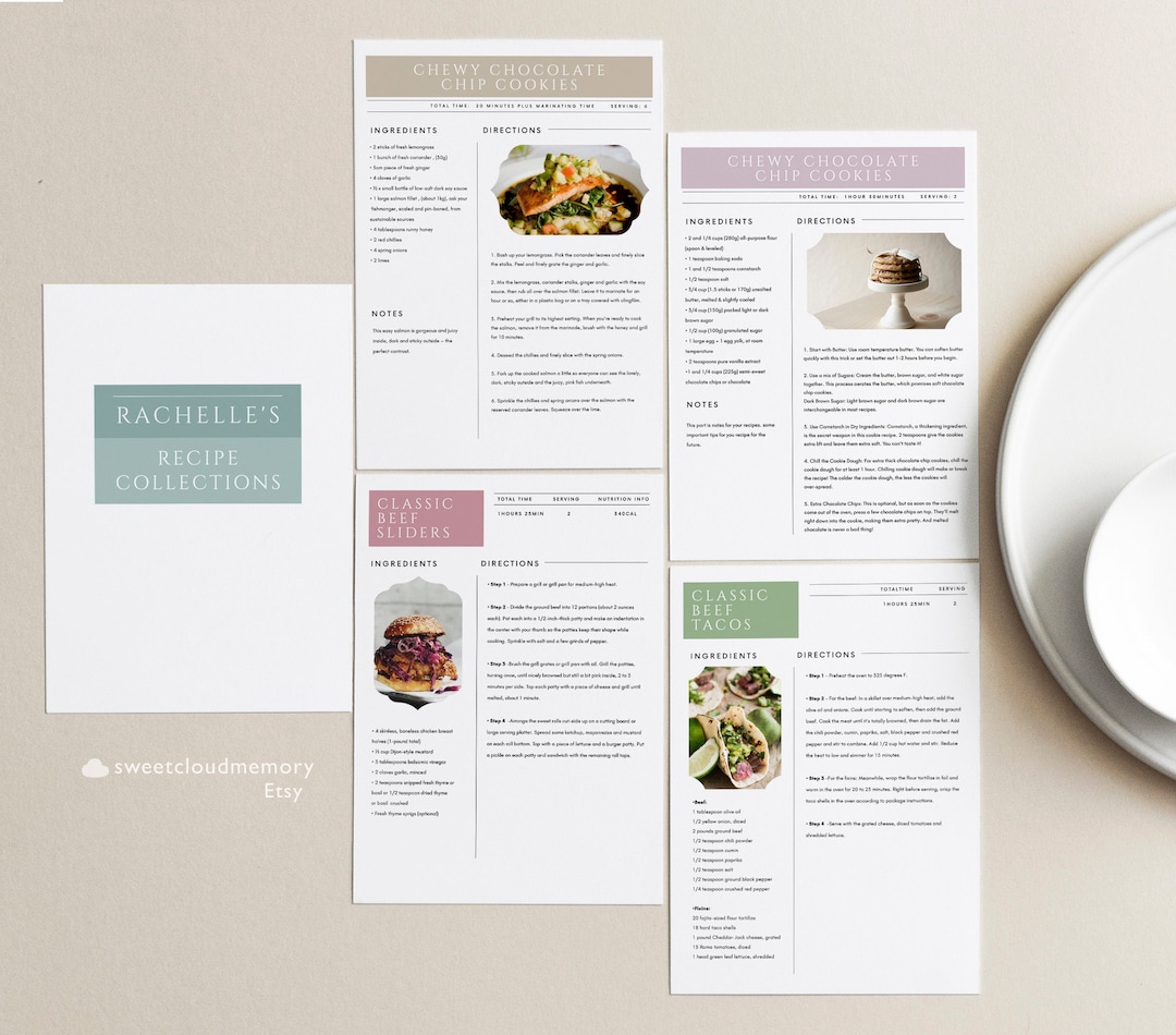 US LETTER SIZE Modern Photo Recipe Card Set Template Editable Cookbook ...