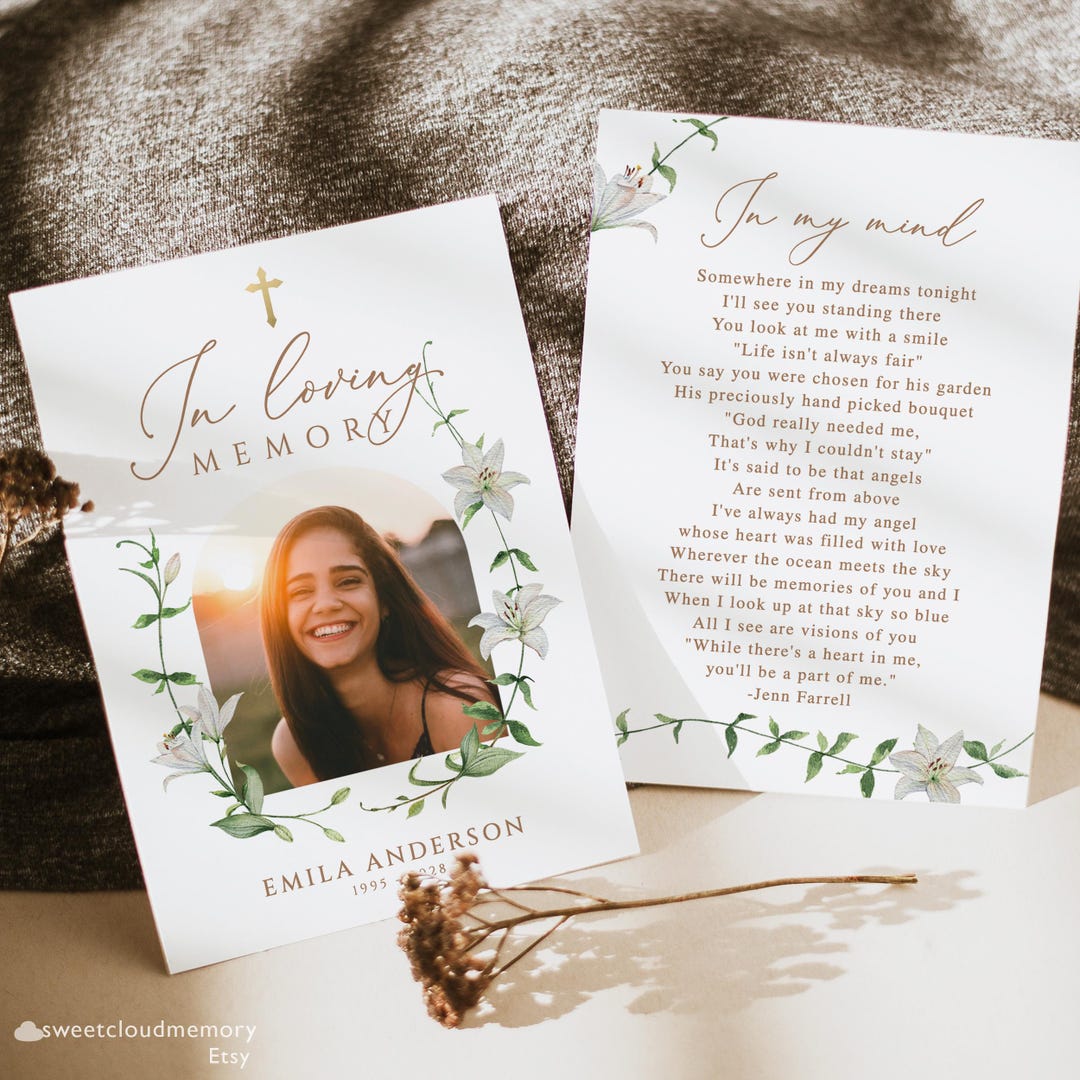 White Lily Butterfly Funeral Photo Prayer Card Gold Cross White Floral ...