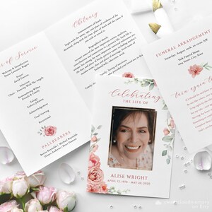 Pink Floral Funeral Program Template Peach Flower Funeral Memorial ...