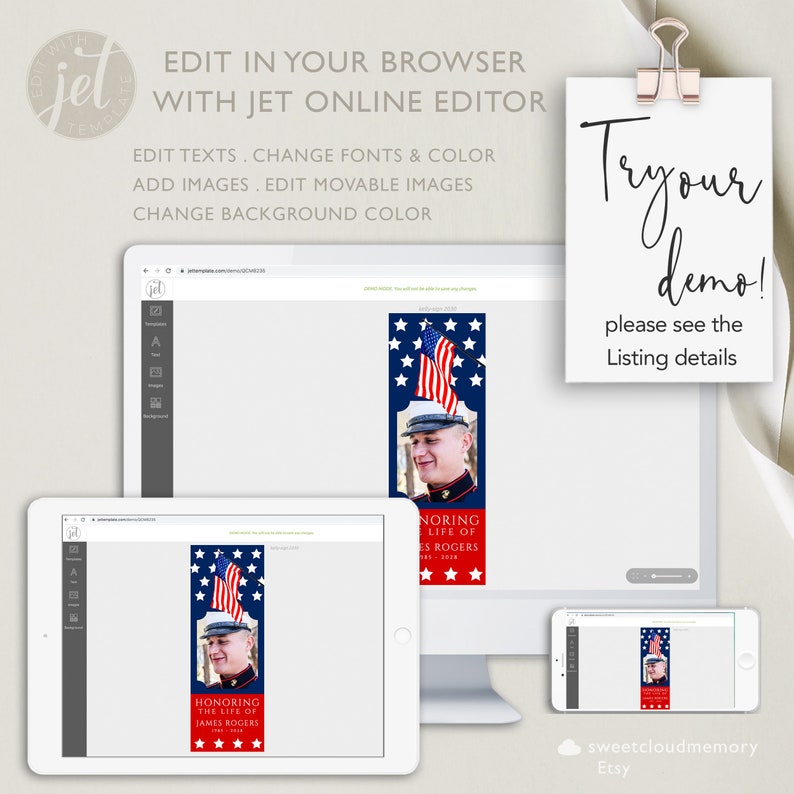 Veteran Funeral Bookmark Template American Flag for Service Member ...