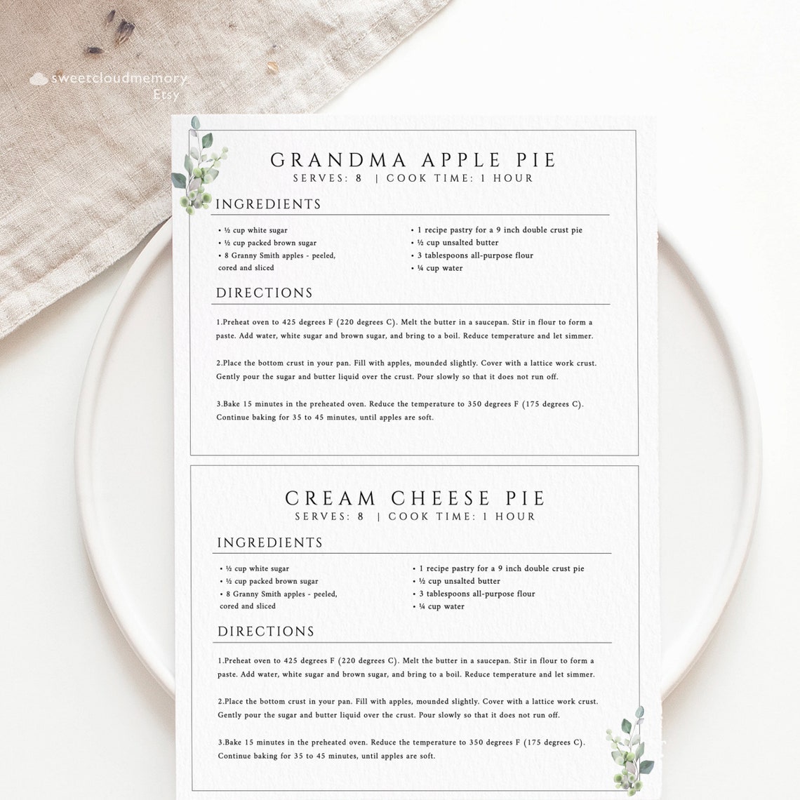 A5 SIZE Gold and Greenery Recipe Template Editable Gold Frame Printable ...
