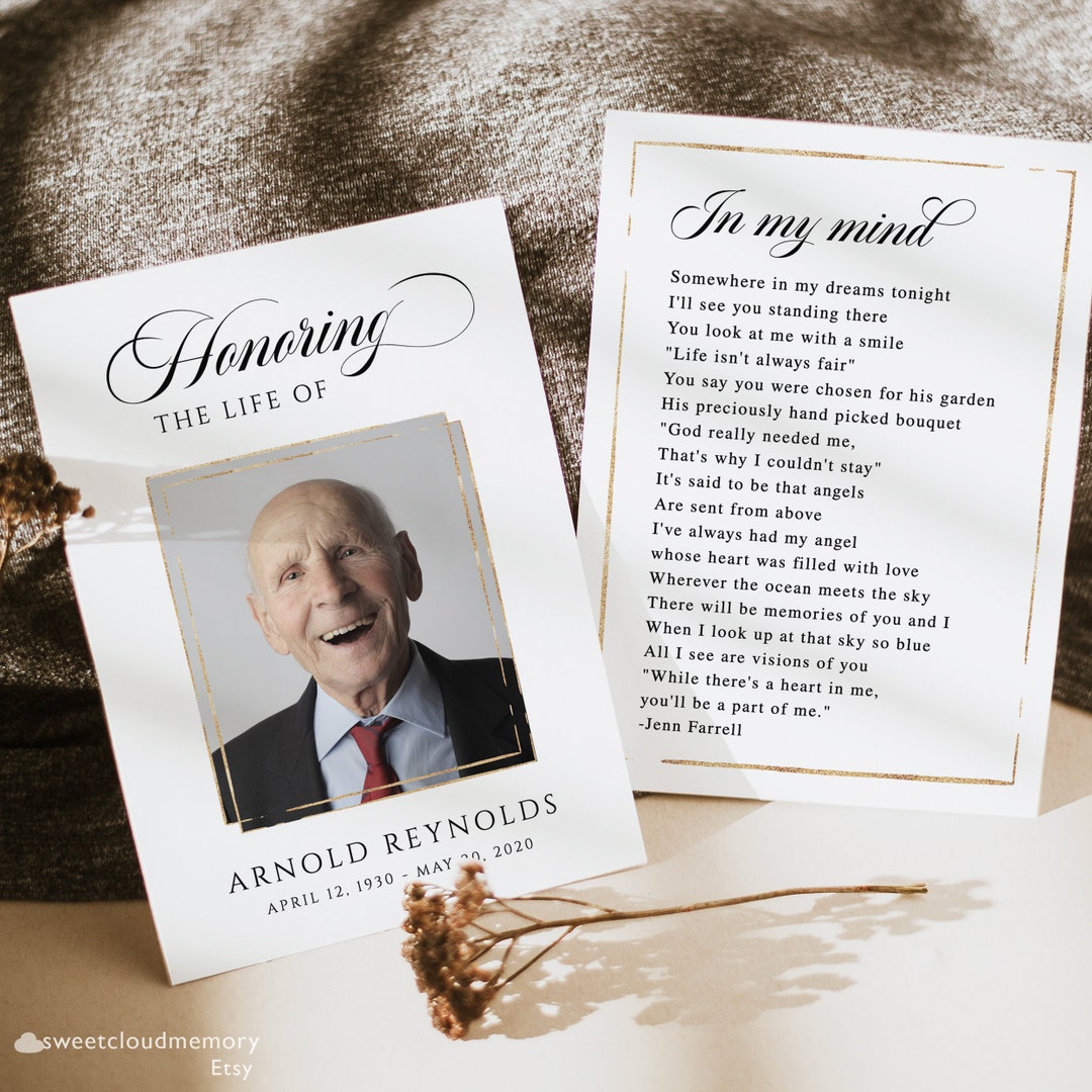 Simple Funeral Photo Prayer Card Gold Frame Minimal Funeral Bookmark ...
