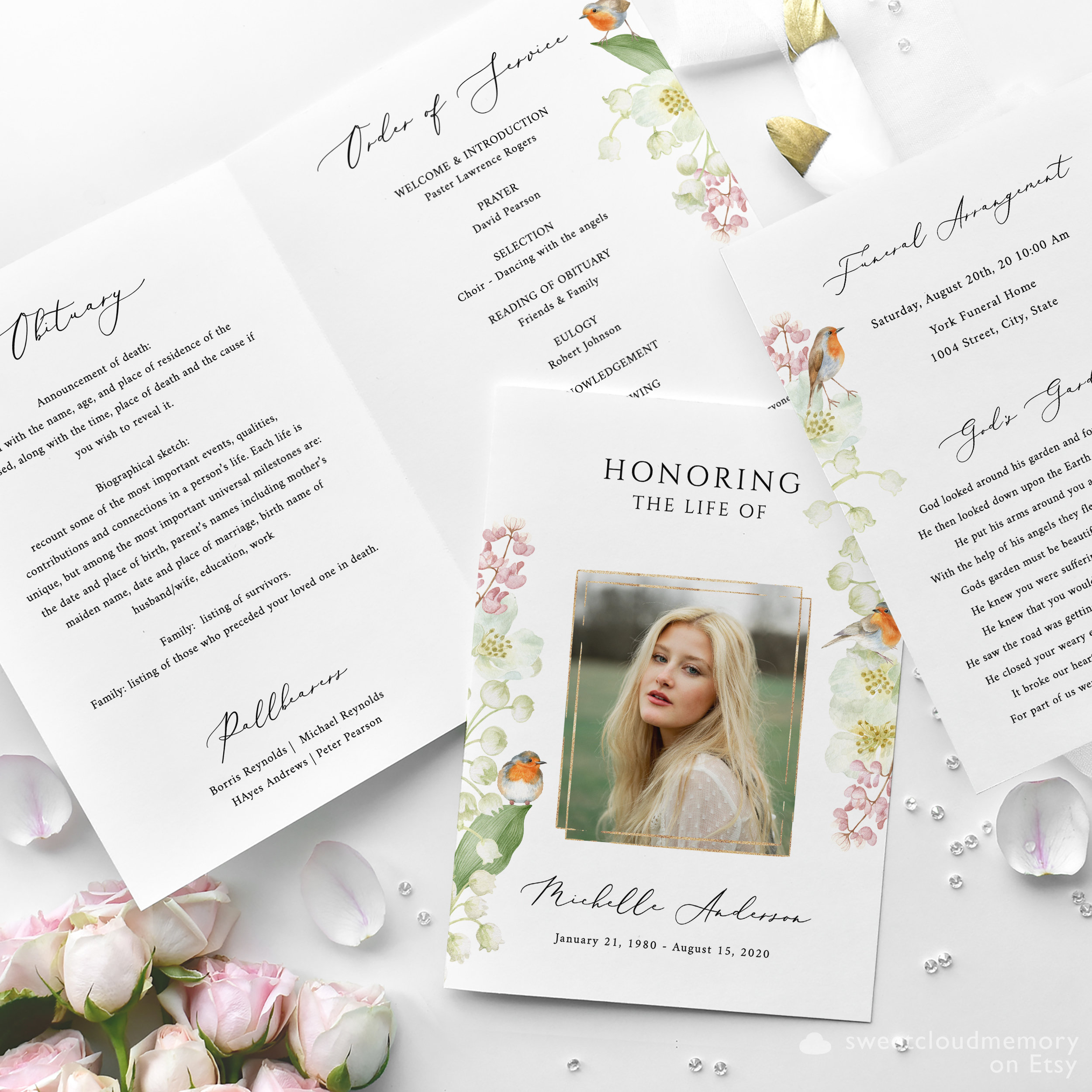 Lily of the Valley & Robin Funeral Program Template White - Etsy