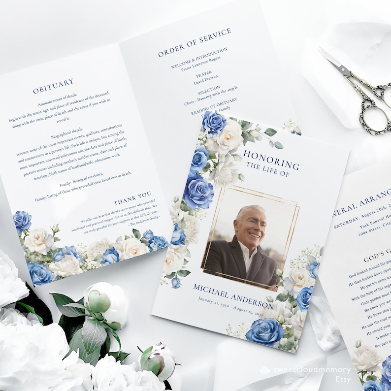 Navy Flower Funeral Program Template White Blue Rose Memorial Program ...