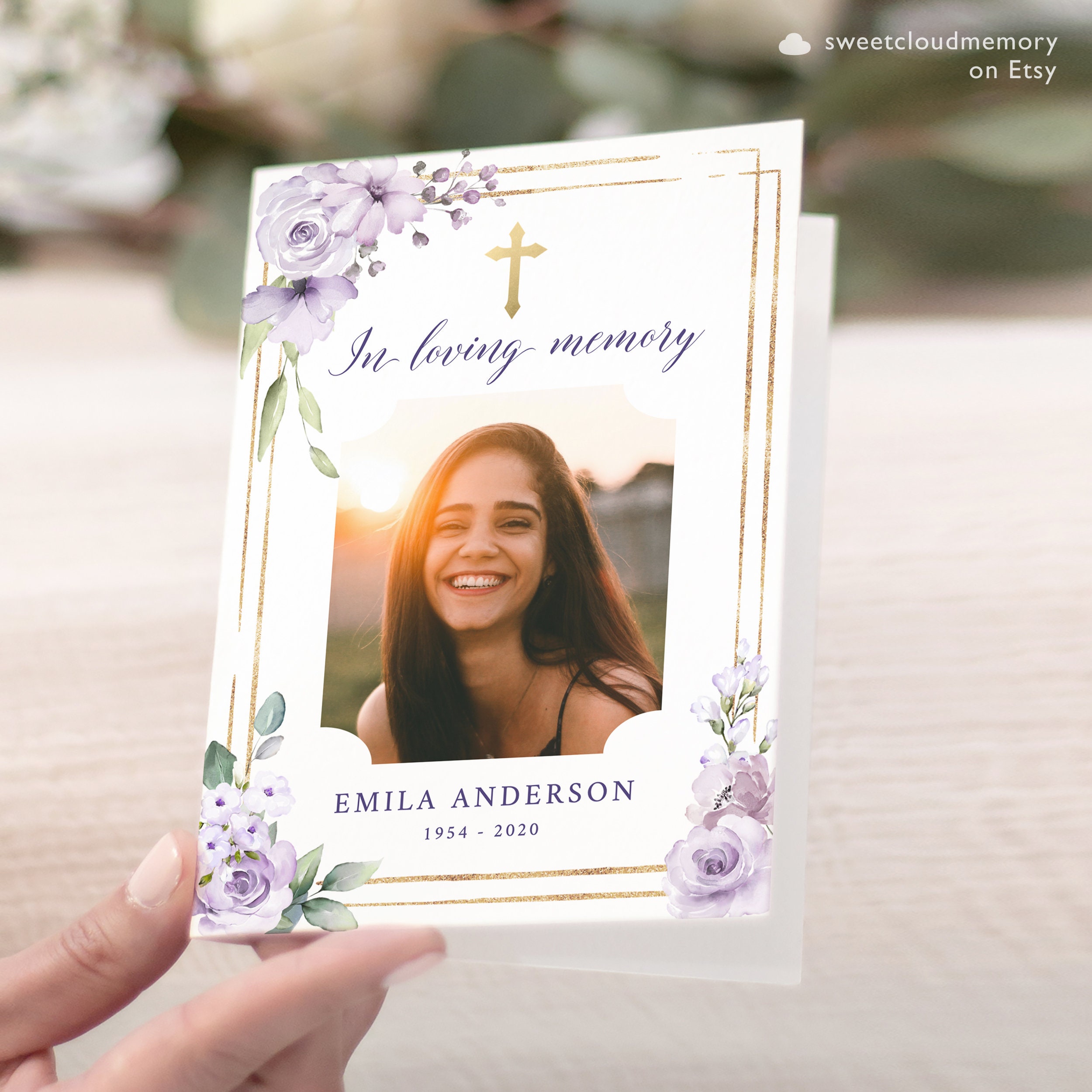 Gold Cross Violet Funeral Program Template Purple Floral Funeral ...