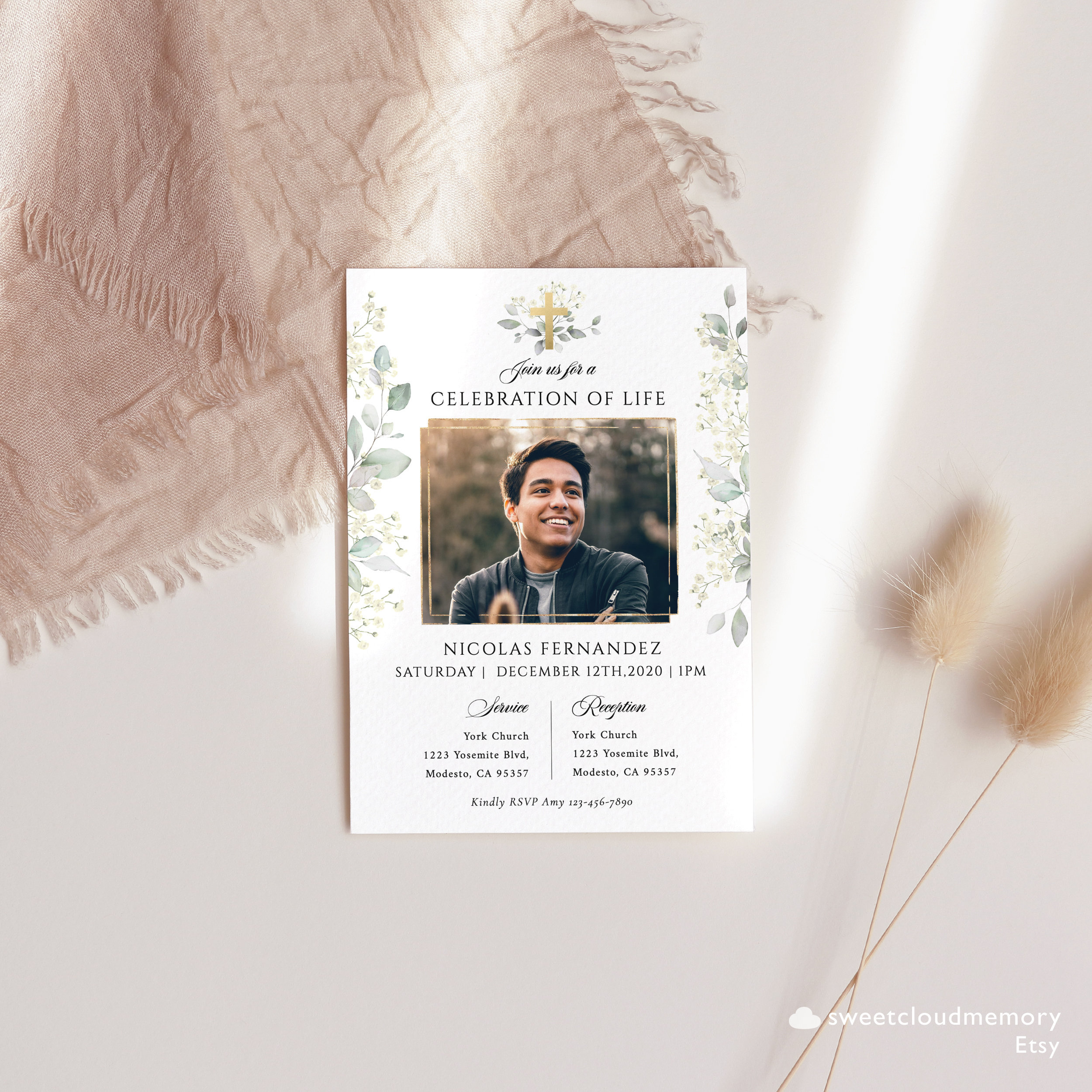 Catholic Cross Funeral invitation template Greenery Photo | Etsy