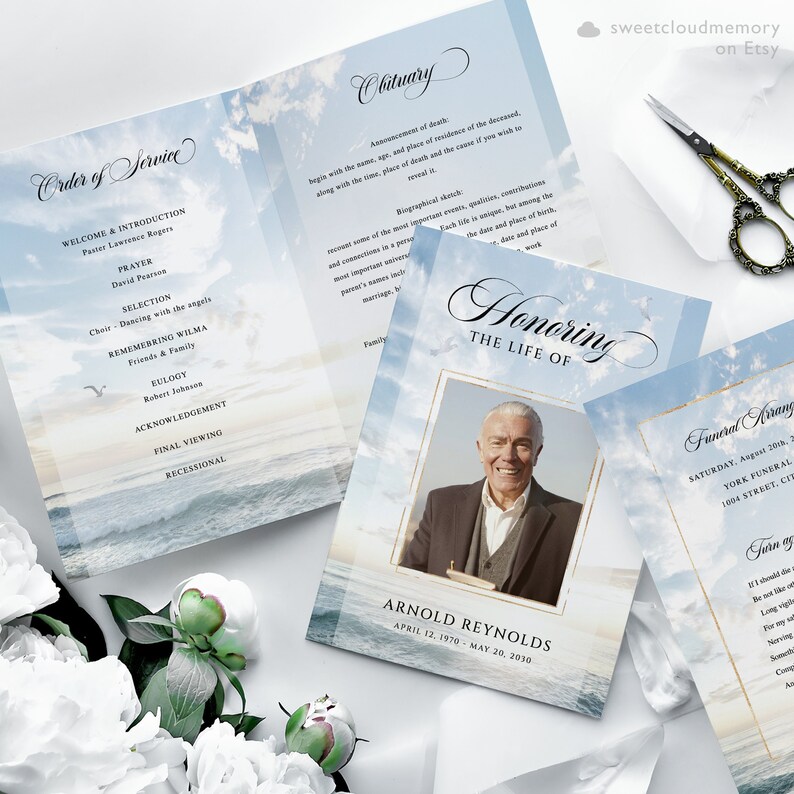 Blue Sky Gold Funeral Program Template Seascape Funeral - Etsy