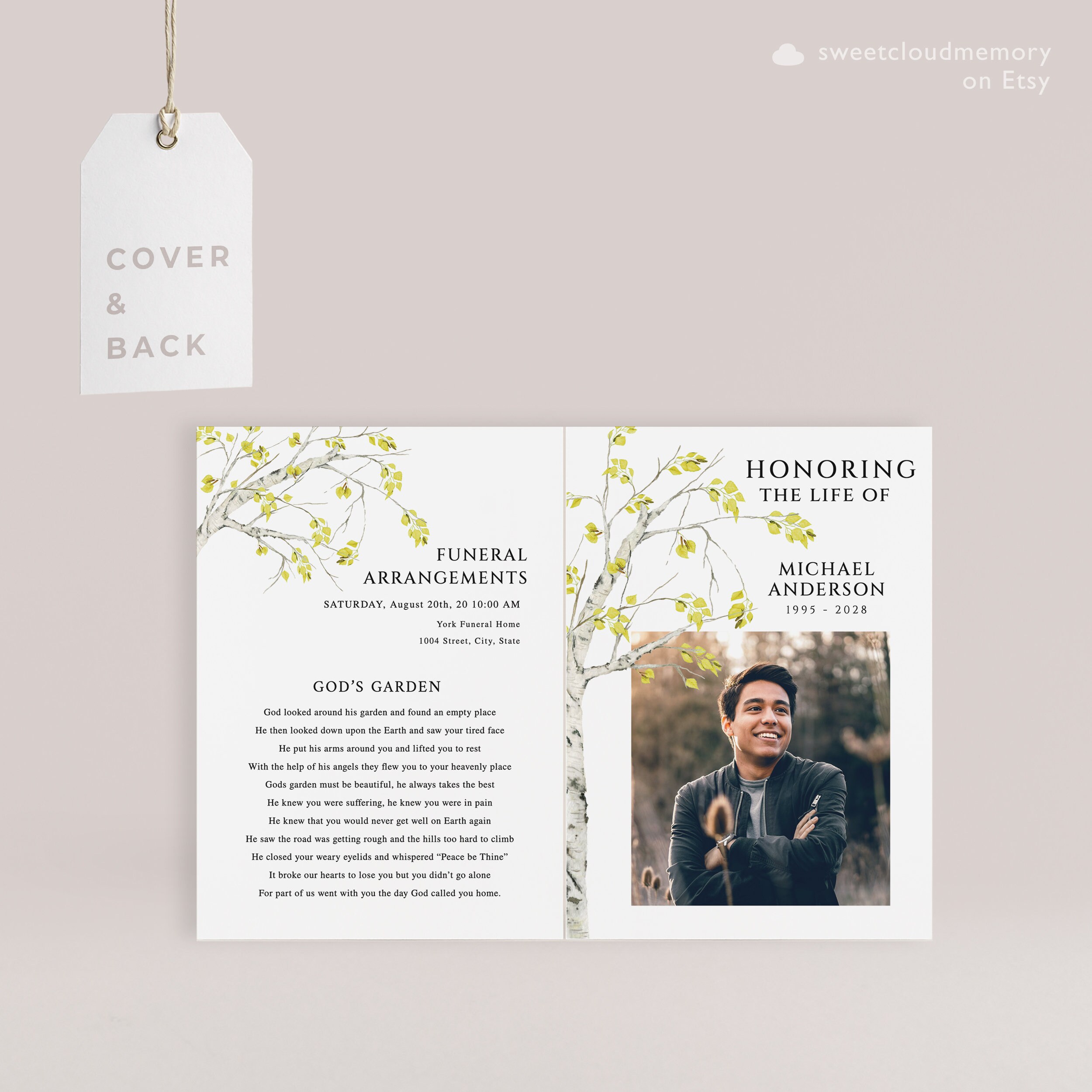 Birch Tree Funeral Program Template Gold and Leaves Funeral Memorial ...