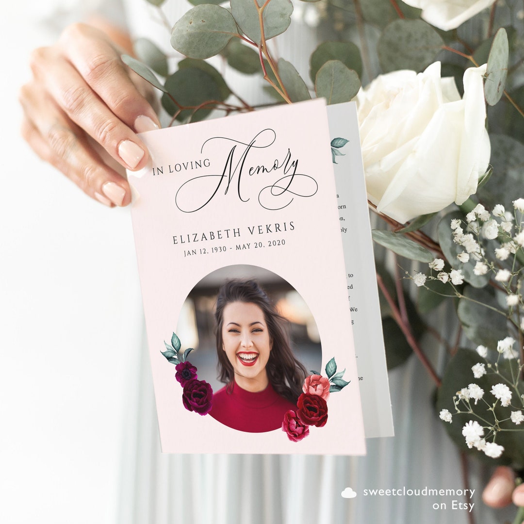 Red Floral Editable Funeral Program Template Burgundy Red Rose Funeral ...
