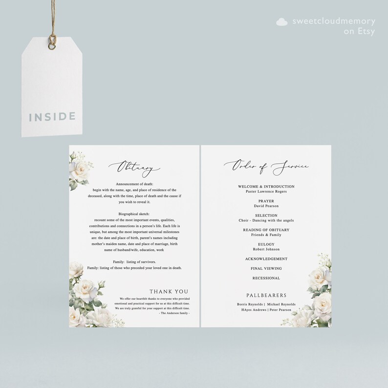 White Rose Funeral Program Template White Floral Funeral Greenery Gold ...