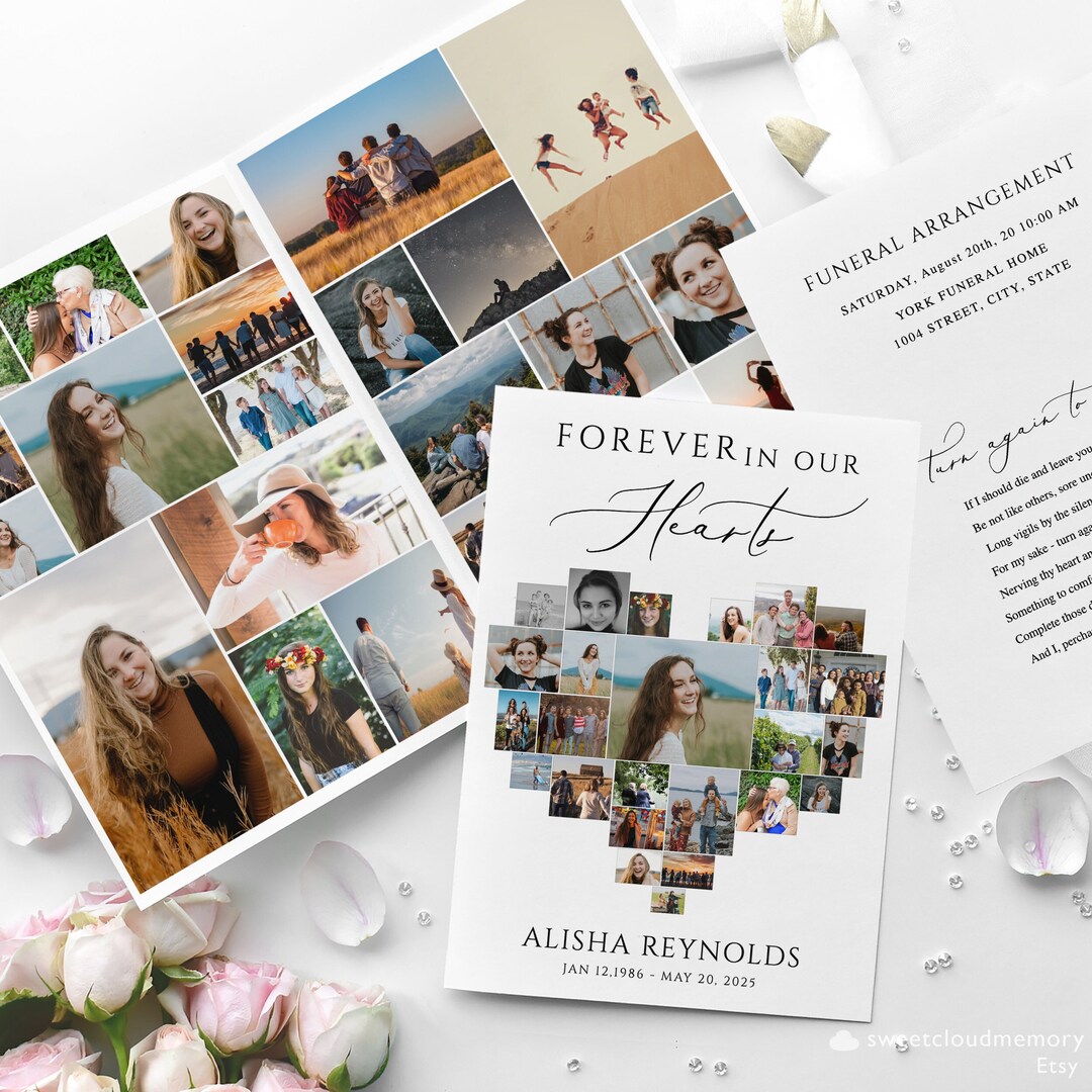 Heart Collage Funeral Program Template Simple Photo Funeral Memorial ...