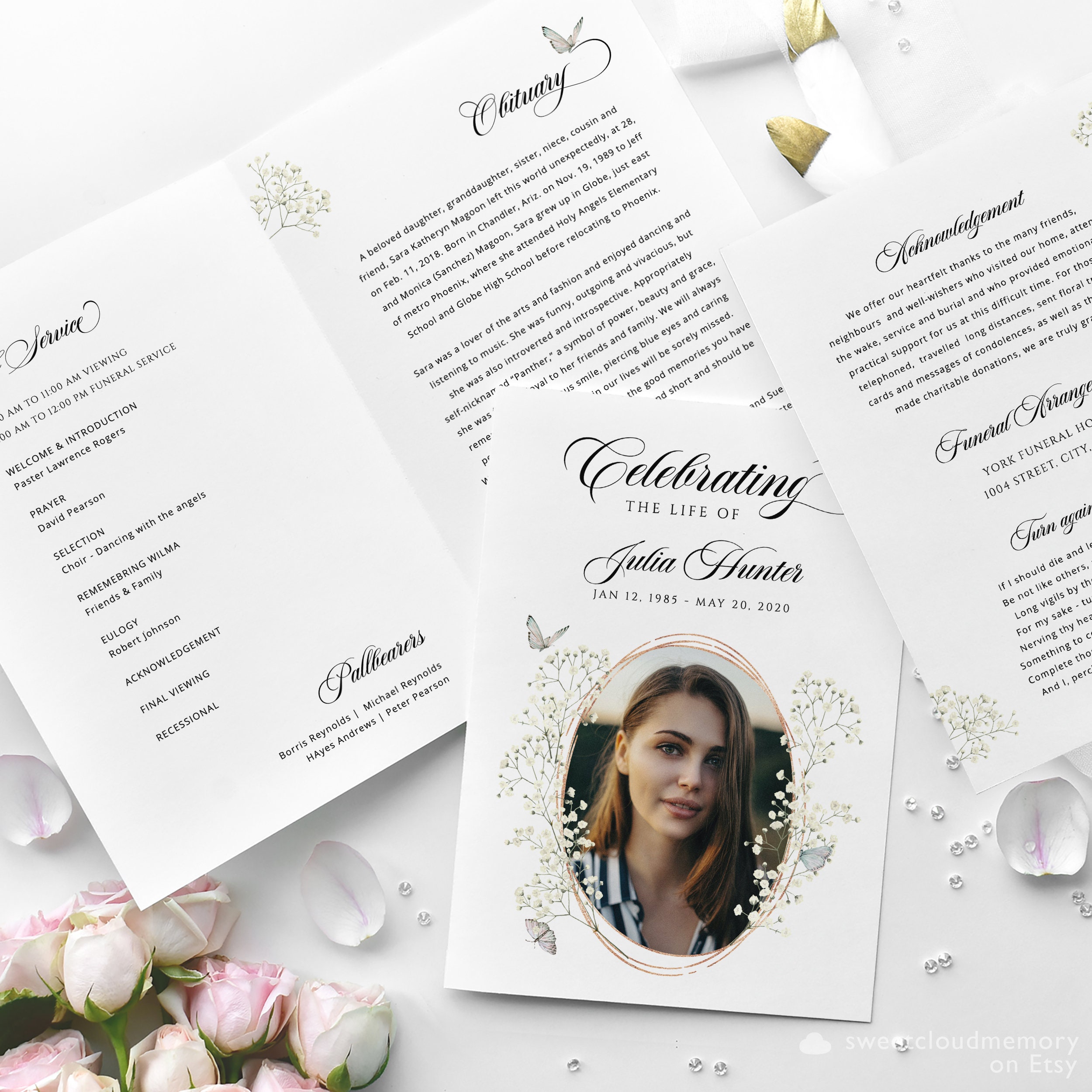Programs Stationery Gold white floral Funeral Program Template black ...