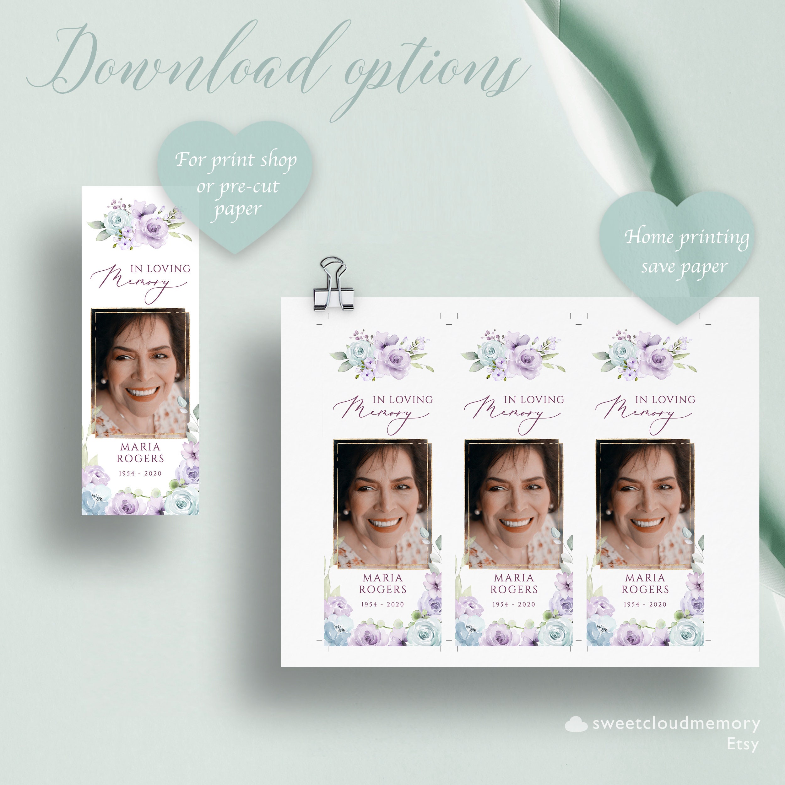 Purple Floral Funeral Bookmark Template Soft Blue and Vioet Rose Book ...