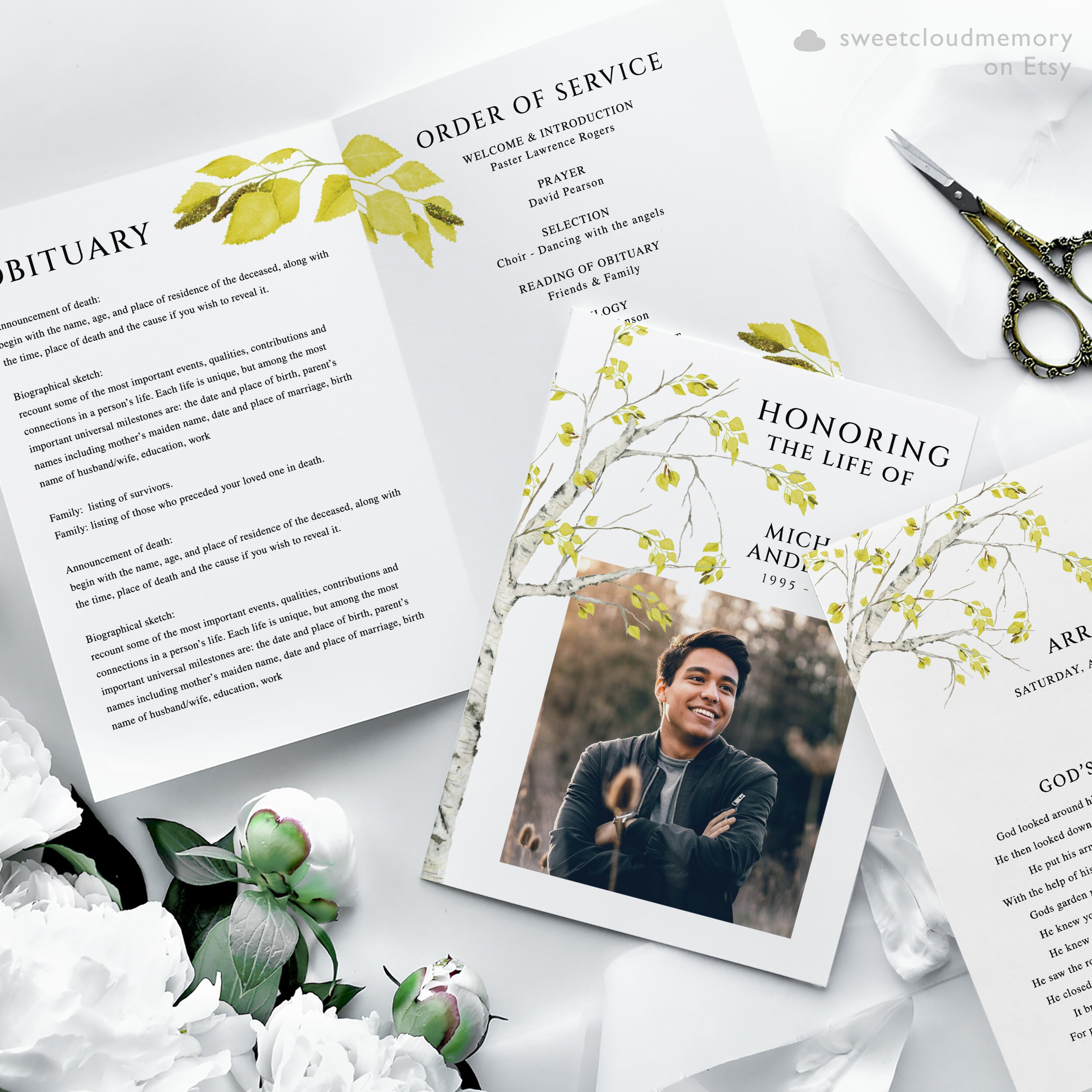 Birch Tree Funeral Program Template Gold and Leaves Funeral | Etsy UK