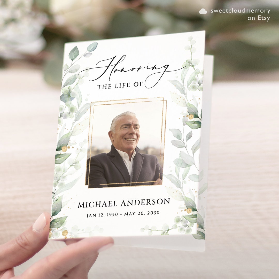 Gold and Greenery Funeral Program Template Green Leaves Funeral ...