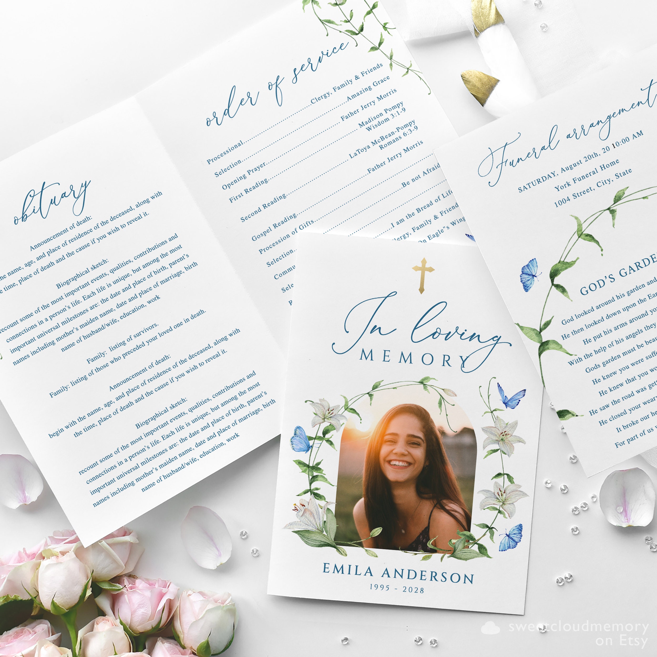 White Lily Blue Butterfly Funeral Program Gold Cross Template White ...