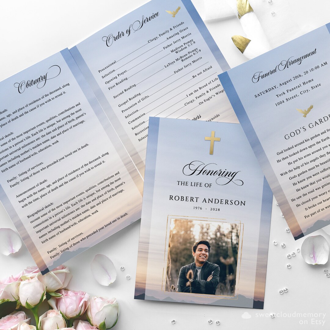 Blue Sky Gold Cross Funeral Program Template Funeral Memorial Program ...