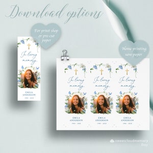 White Flower Blue Butterfly Funeral Bookmark Template Gold Cross Lily ...