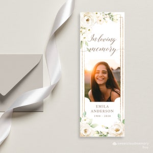 White Rose Funeral Bookmark Template White Flower Bookmark Keepsake ...