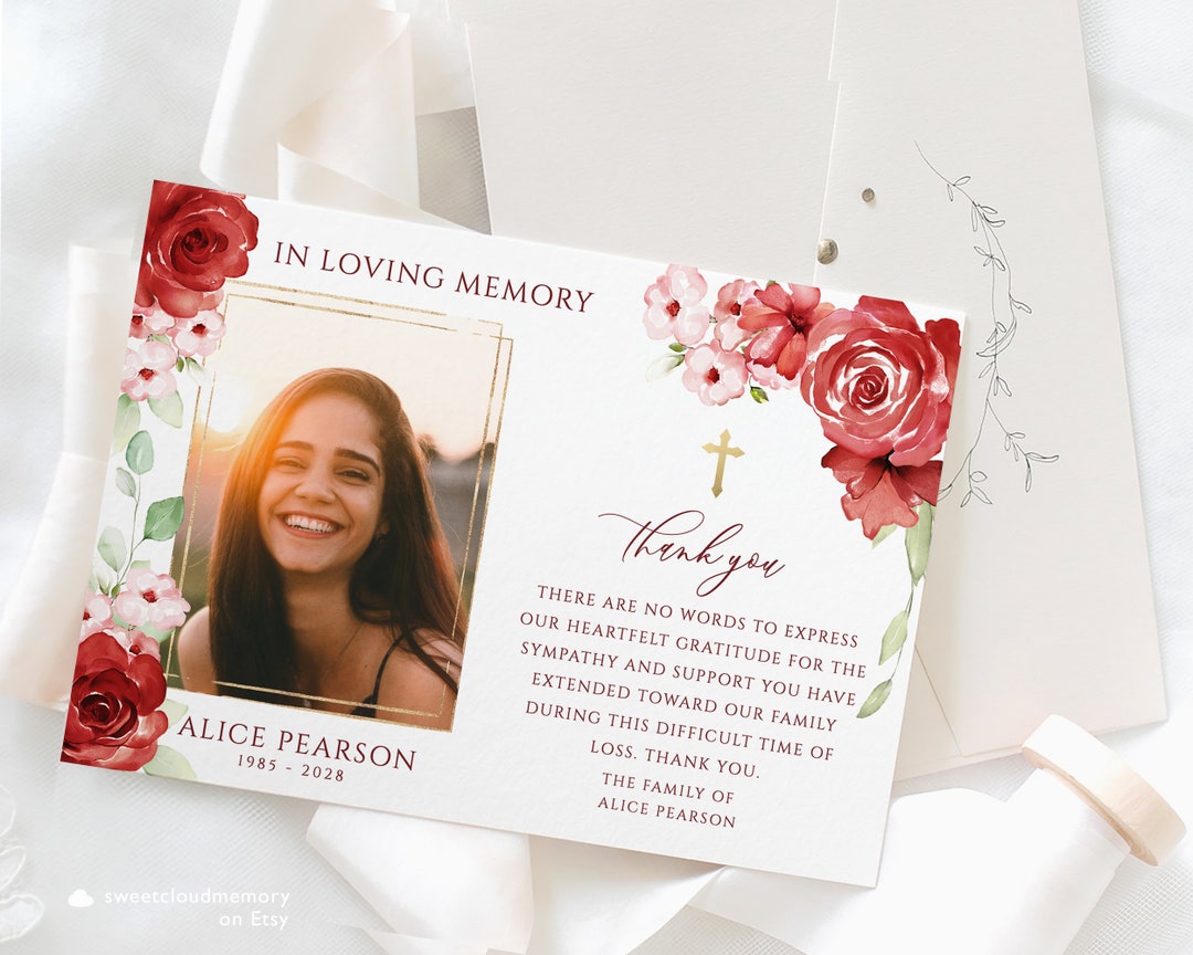 Red Rose Funeral Thank You Card Gold Cross Funeral Thank You Card ...