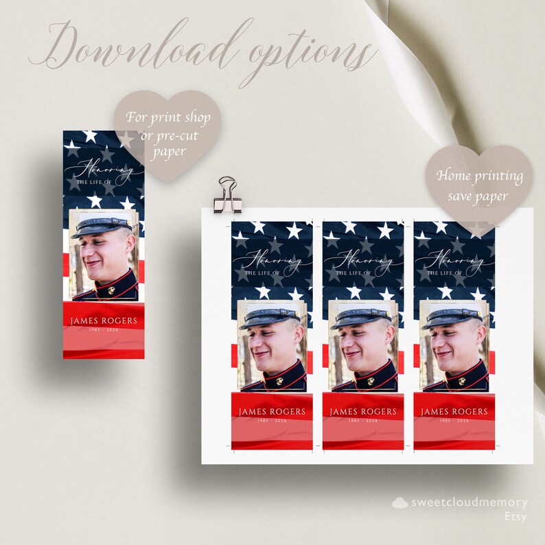 Veteran Funeral Bookmark Template American Flag for Service Member ...