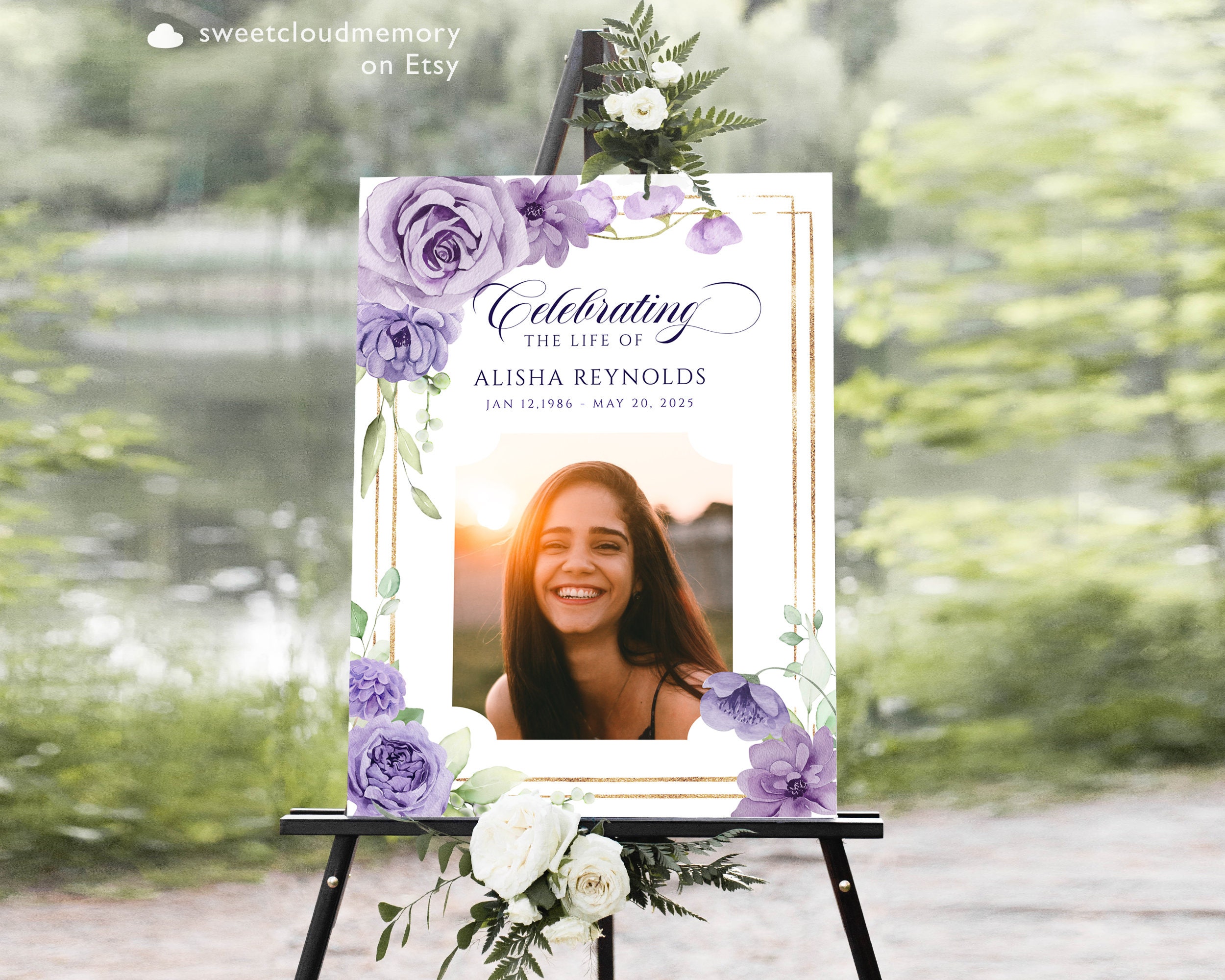 Purple Floral Celebrating the Life Sign Dusty Purple Life Celebration ...