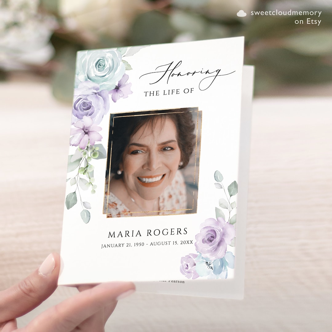 Purple Floral Funeral Program Template Violet Flower Funeral Memorial ...