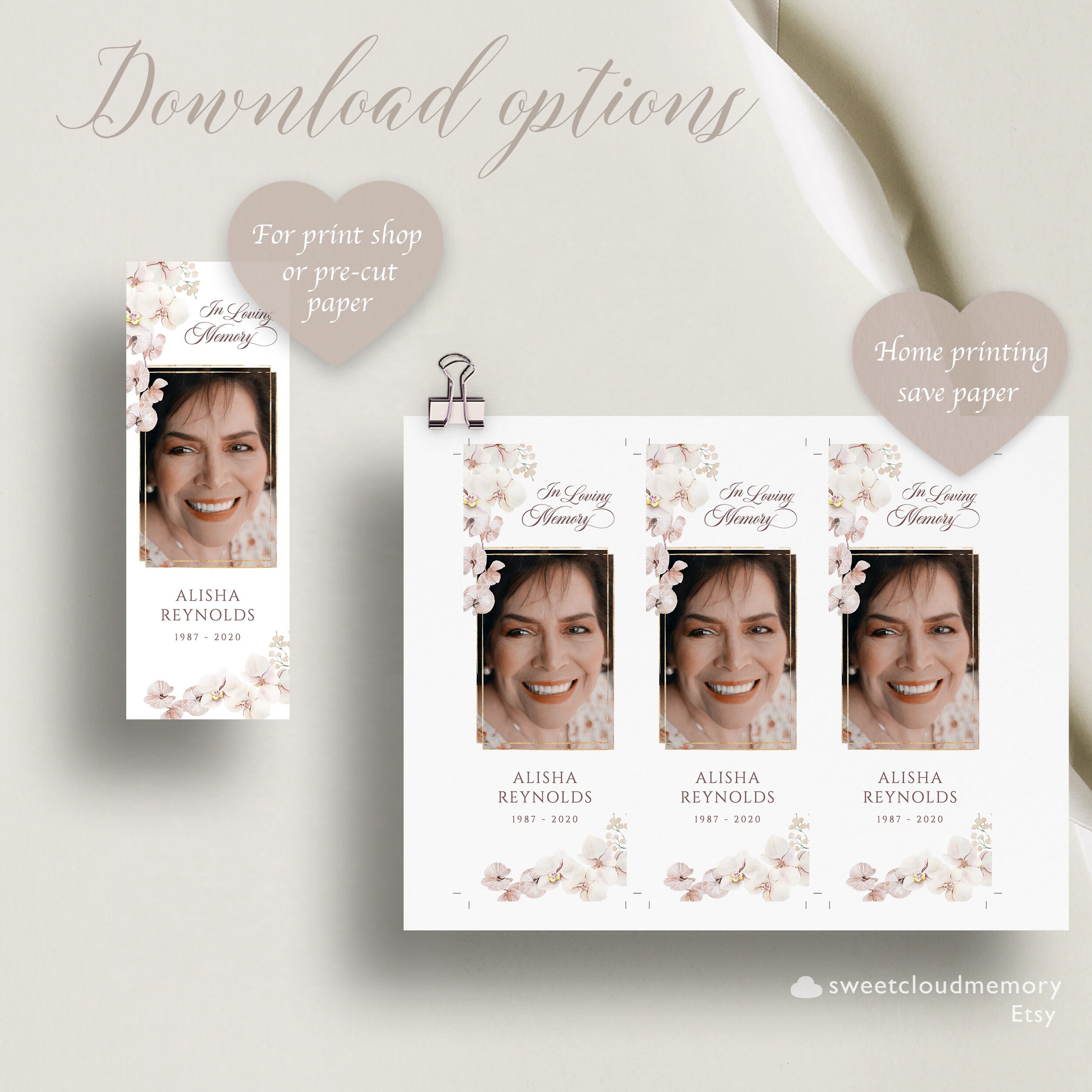 Orchid in Loving Memory Bookmark Template White Floral Honouring the ...