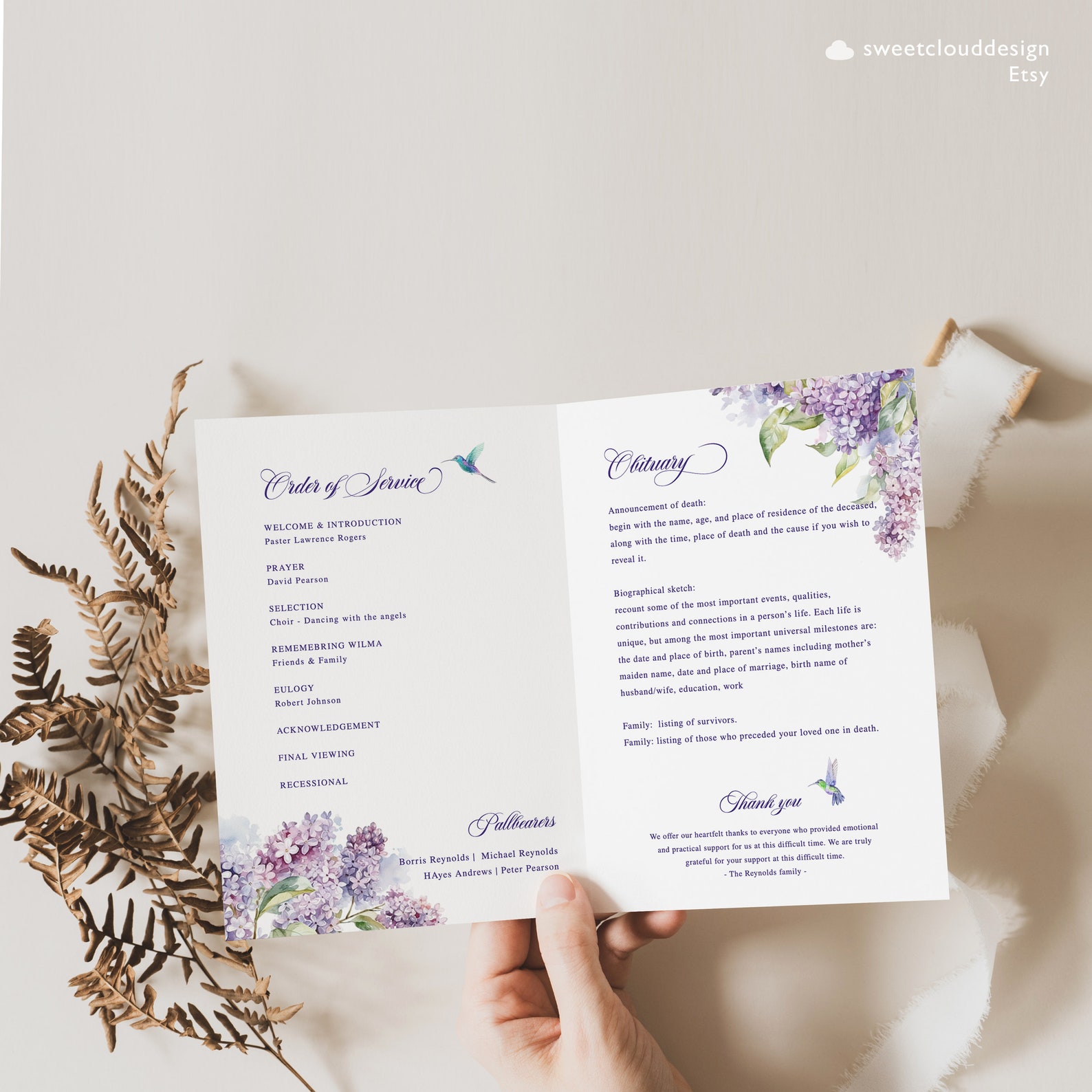 Lilac and Bird Funeral Program Template Purple Floral Funeral Memorial ...