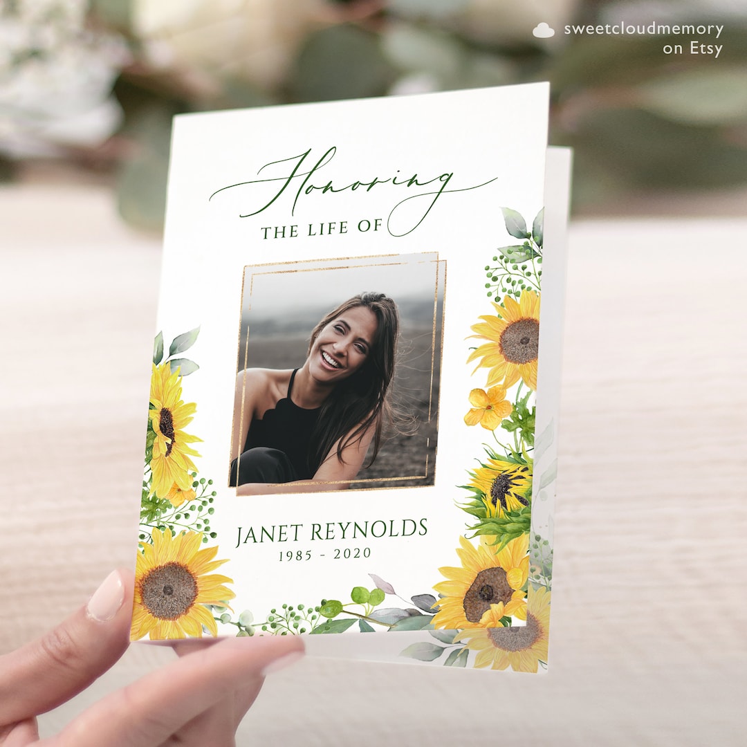 Sunflower Funeral Program Template Yellow Flower Funeral Memorial ...