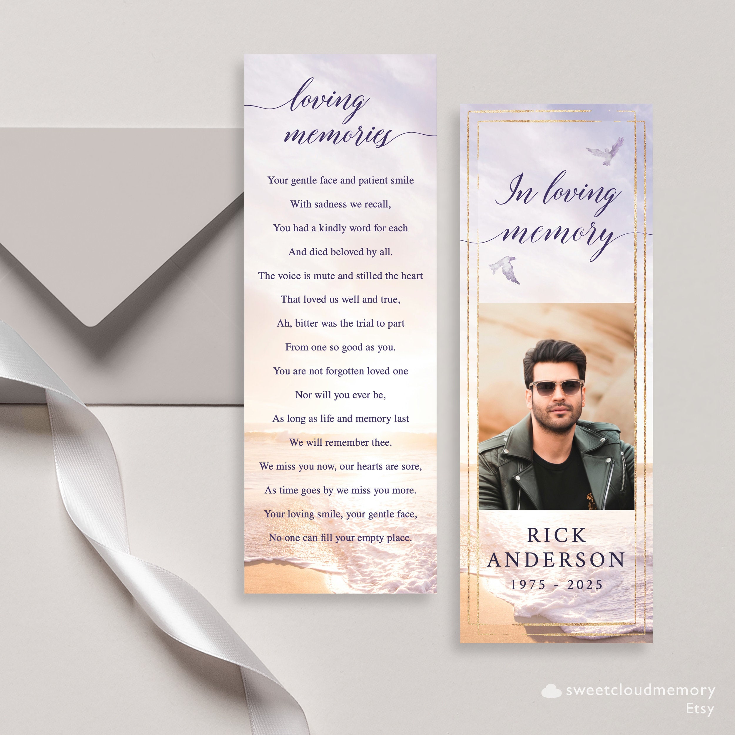 Sun Ray and Ocean Gold in Loving Memory Funeral Bookmark Template ...