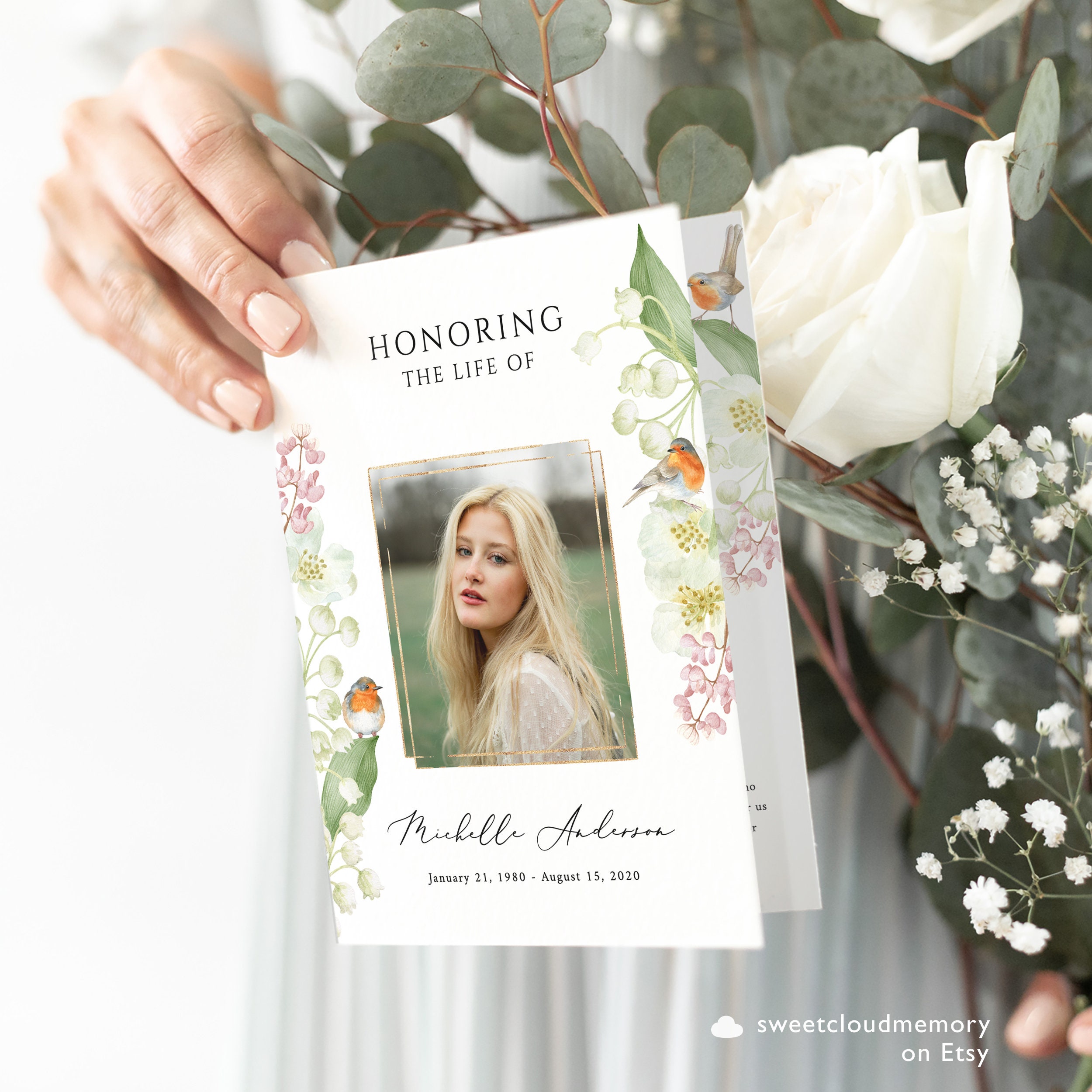 Lily of the Valley & Robin Funeral Program Template White - Etsy