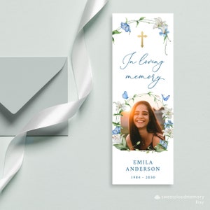 White Flower Blue Butterfly Funeral Bookmark Template Gold Cross Lily ...