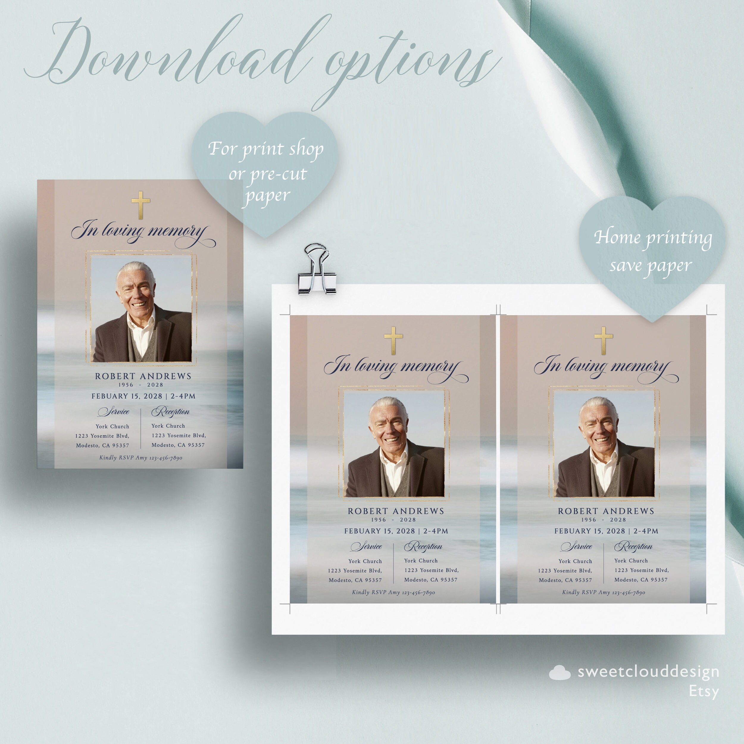 Ocean Cross Funeral Invitation Template Seascape Catholic - Etsy