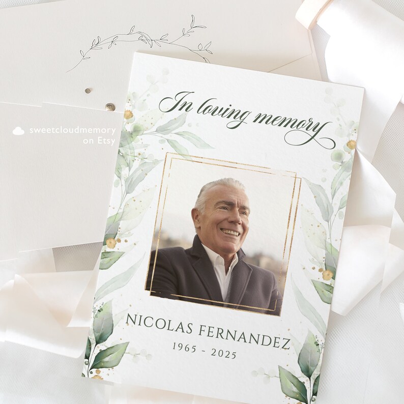 Greenery Funeral Photo Prayer Card Gold Frame Green Leaves Funeral ...