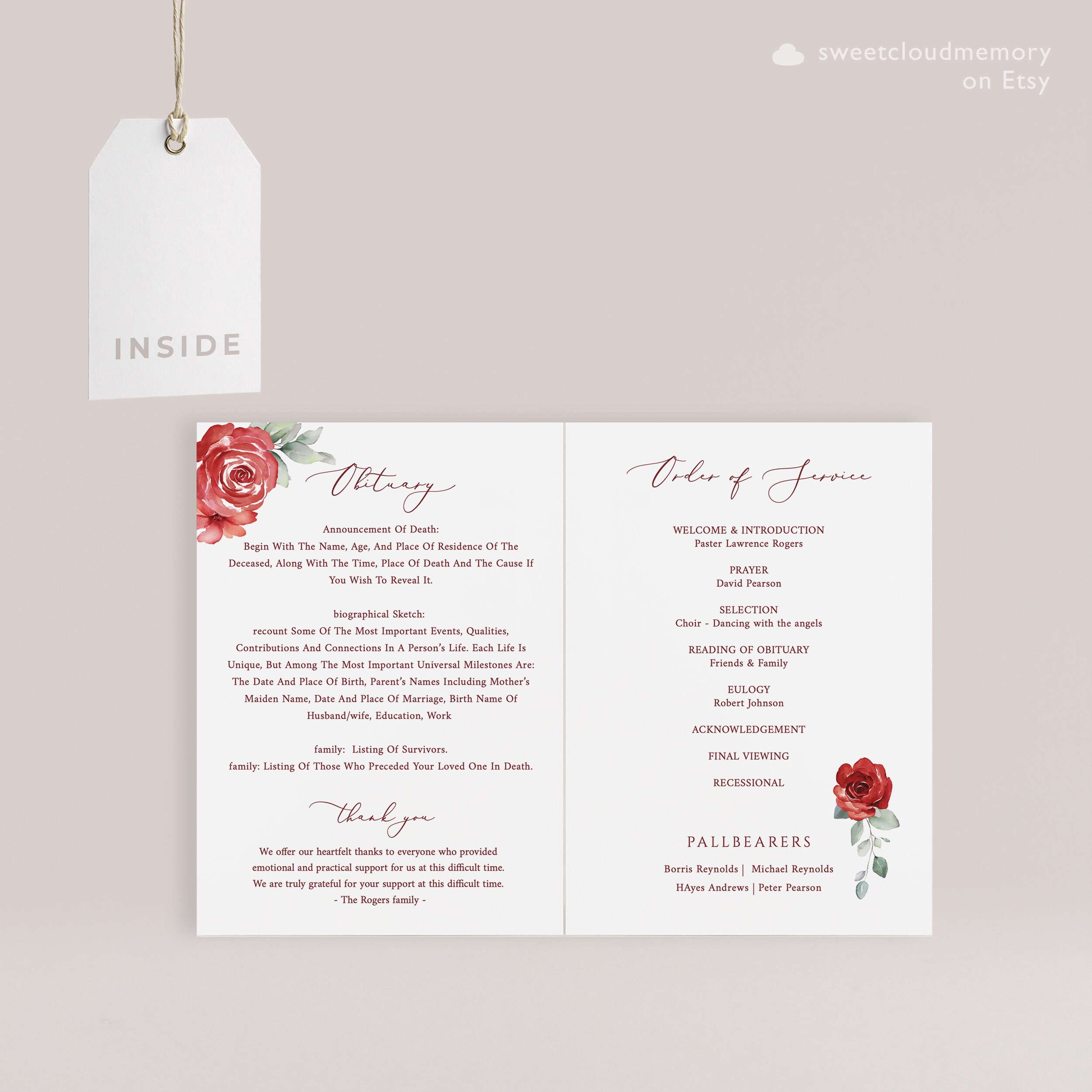 Red floral Funeral Program Template Gold cross deep red rose | Etsy