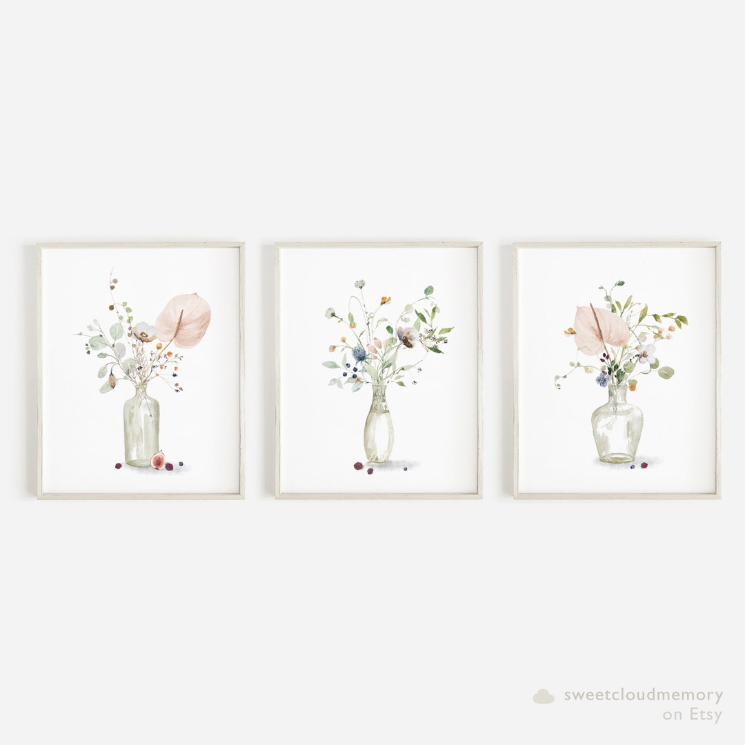 Boho Flower Arrangement Vase Art Print Watercolor Wild Flower Vase Art ...